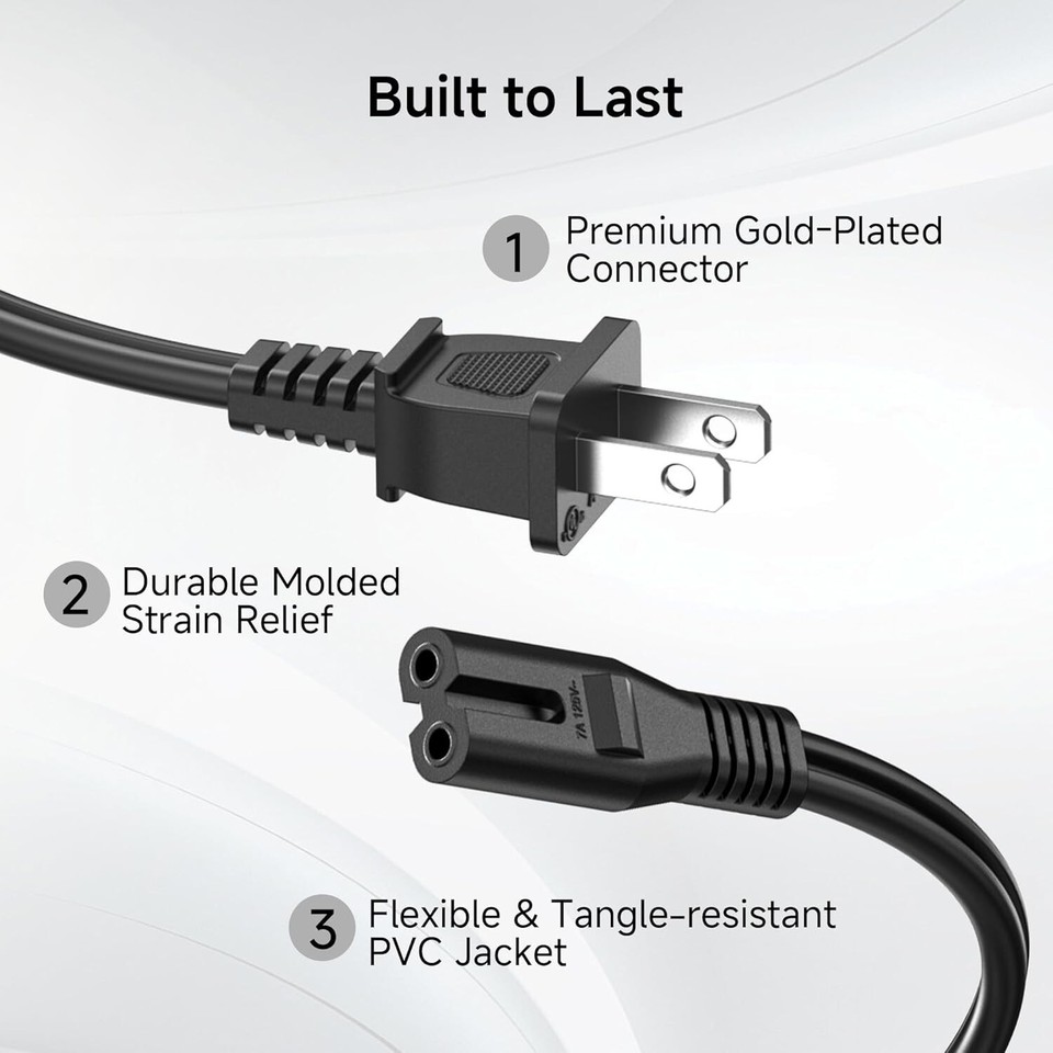 2 Prong Power Cord 5FT C7 2-Slot Cable For PS5 PS4 XBOX TV Samsung TCL ...