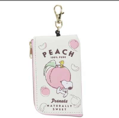 Peanuts Snoopy key case pass case coin purse zip around with reel peach ...