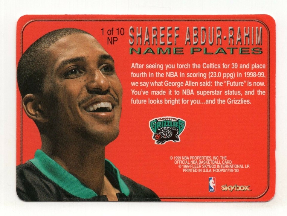 1999-2000 Skybox NBA Hoops Name Plates Shareef Abdur-Rahim Insert Card ...