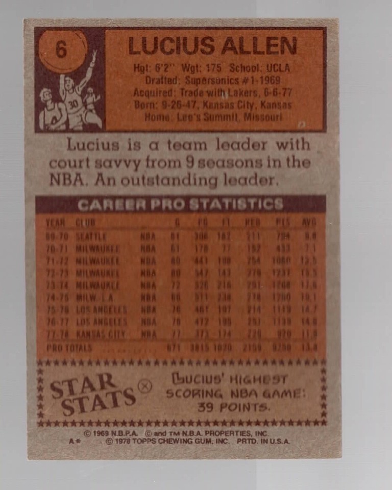 1978 Topps #6 Lucius Allen Excellent | eBay