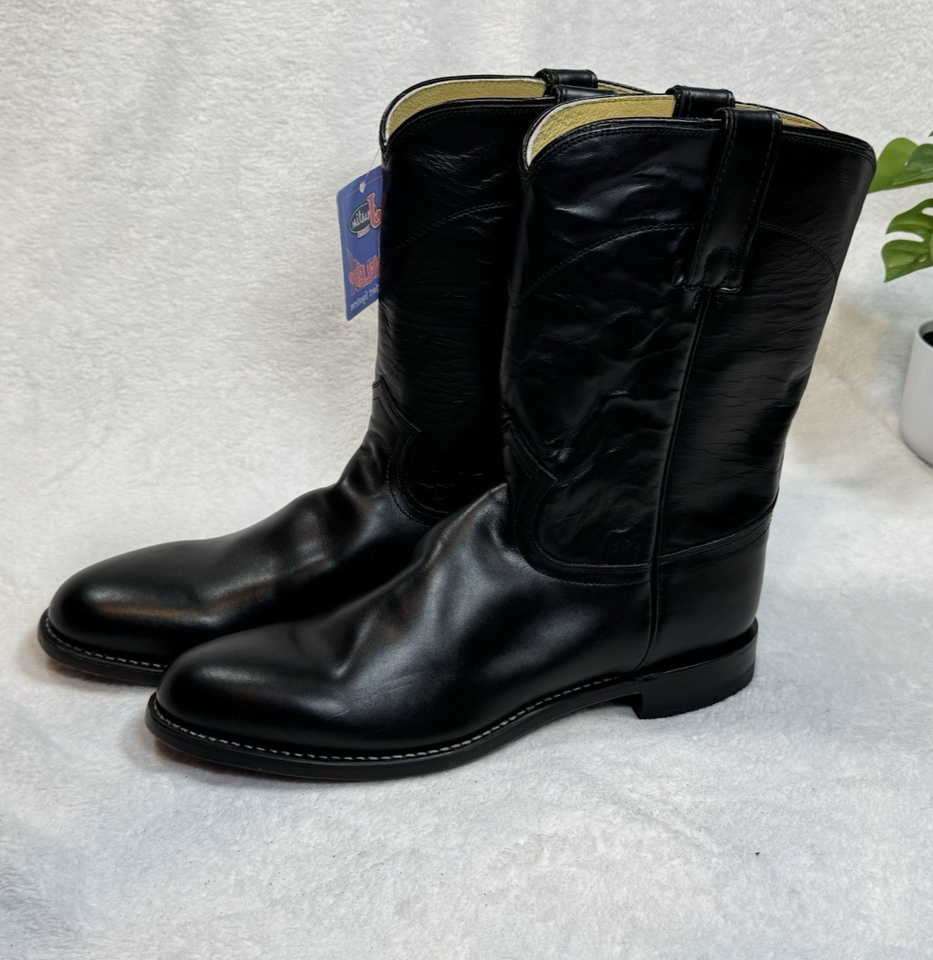 Justin Black Leather Classic Roper Round Toe Western Cowboy Boots Men ...