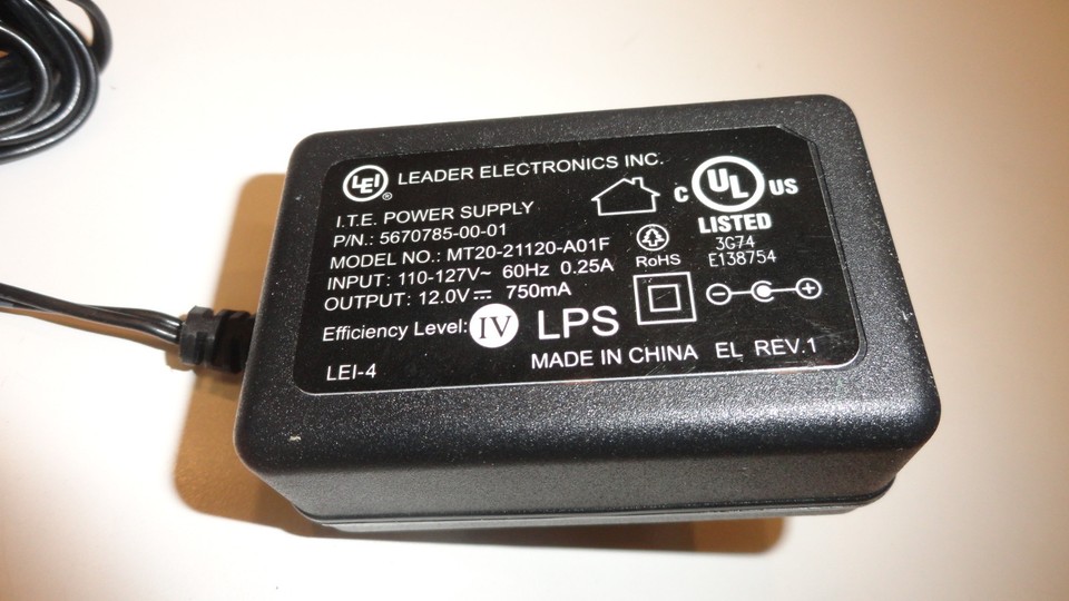 XX8: Leader LEI Brand Power Supply Cord Model MT20-21120-A01F 12V 750mA ...