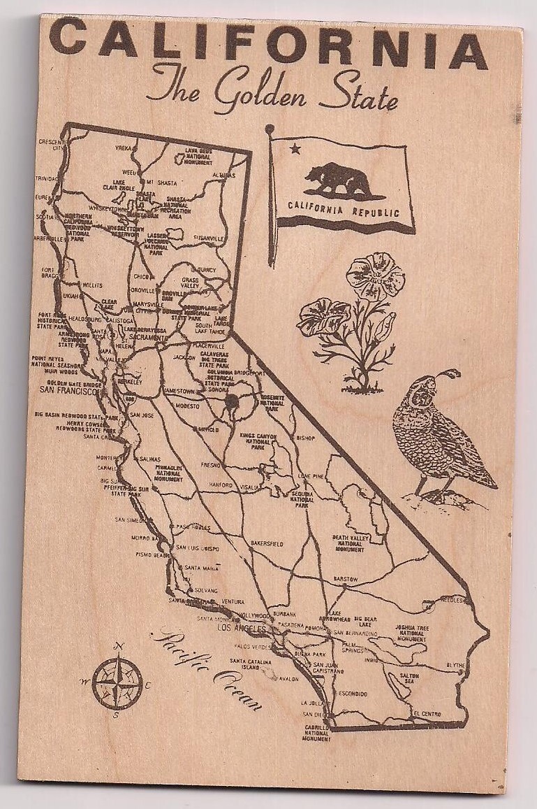 MAP OF CA/CALIFORNIA Wooden Postcard GOLDEN STATE Yosemite/Napa/Fresno ...