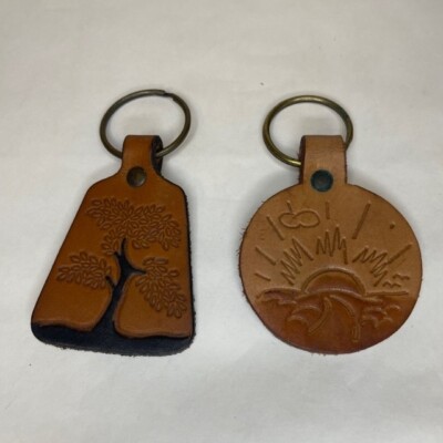Set of Two Vintage Retro Embossed Leather Key Chains Tree Sunrise ...