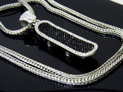 Silver Hip Hop Rap Style Crystal Pendant Black Skateboard Wheels ...