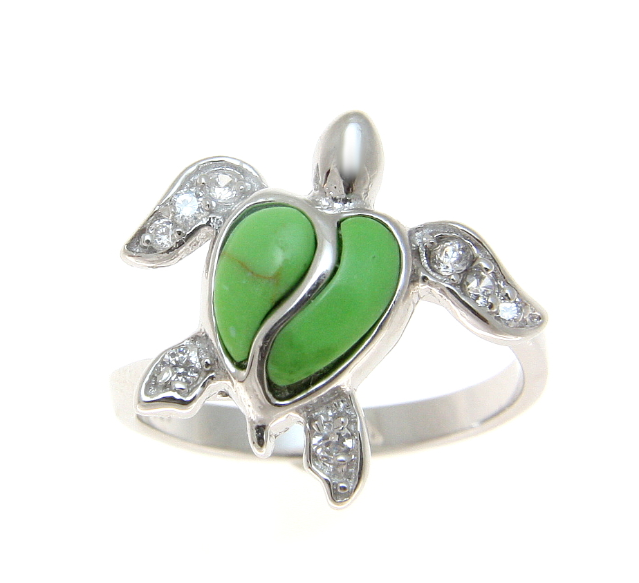 GREEN TURQUOISE STERLING SILVER 925 HAWAIIAN SEA HONU TURTLE RING SIZE ...