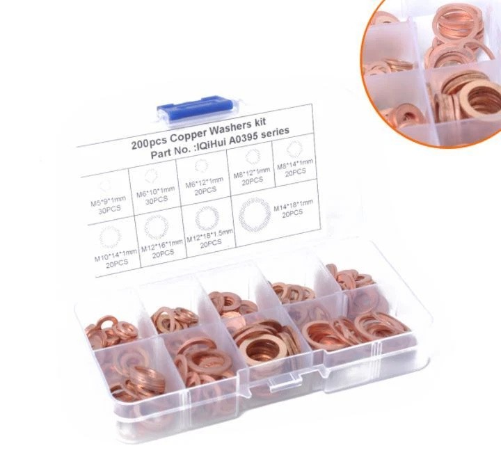 200x Solid Copper Crush Washer Gasket Set Flat O-Ring Seal Assortment ...
