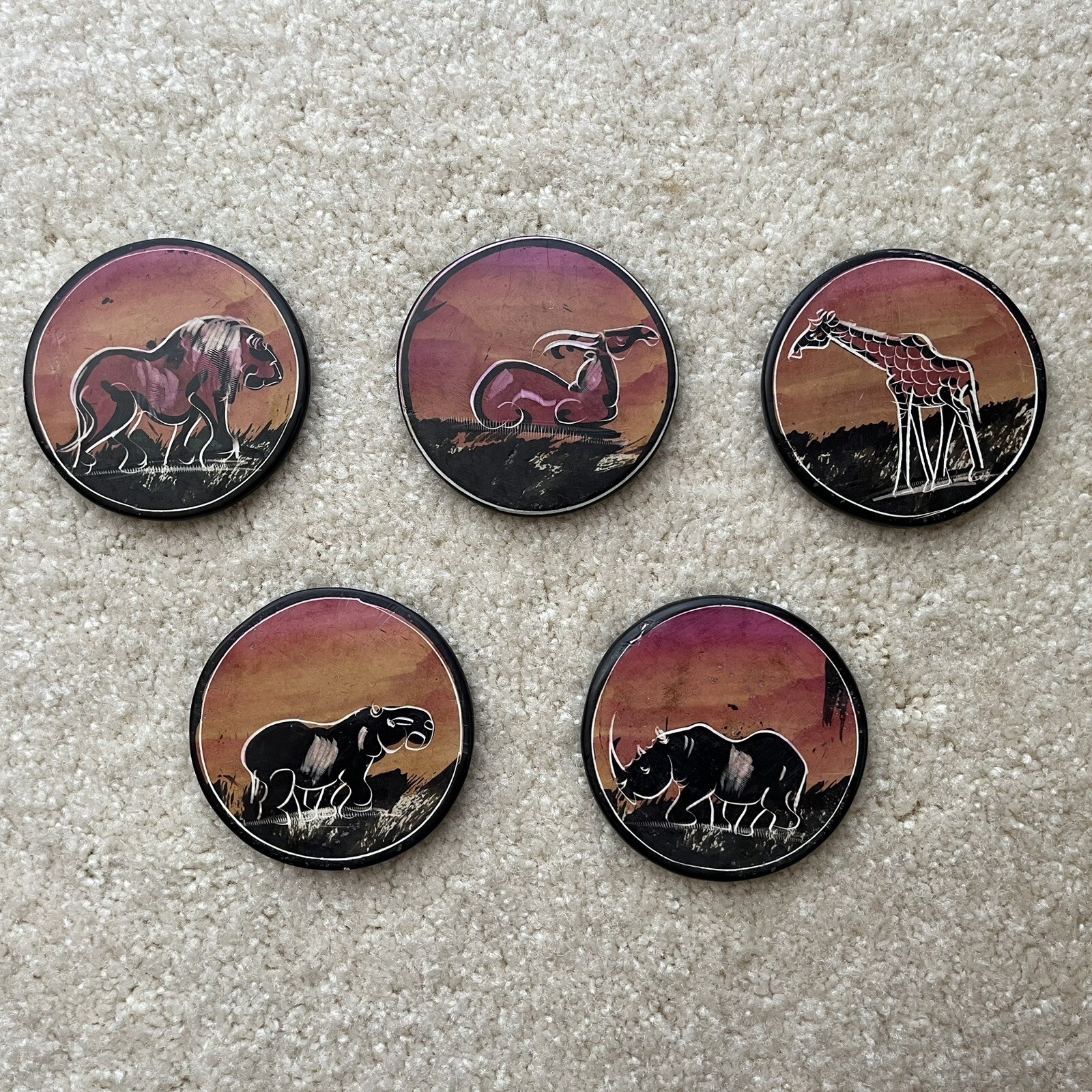 African Safari Animals Coasters Round Hand Carved Kenya Colorful Set of ...