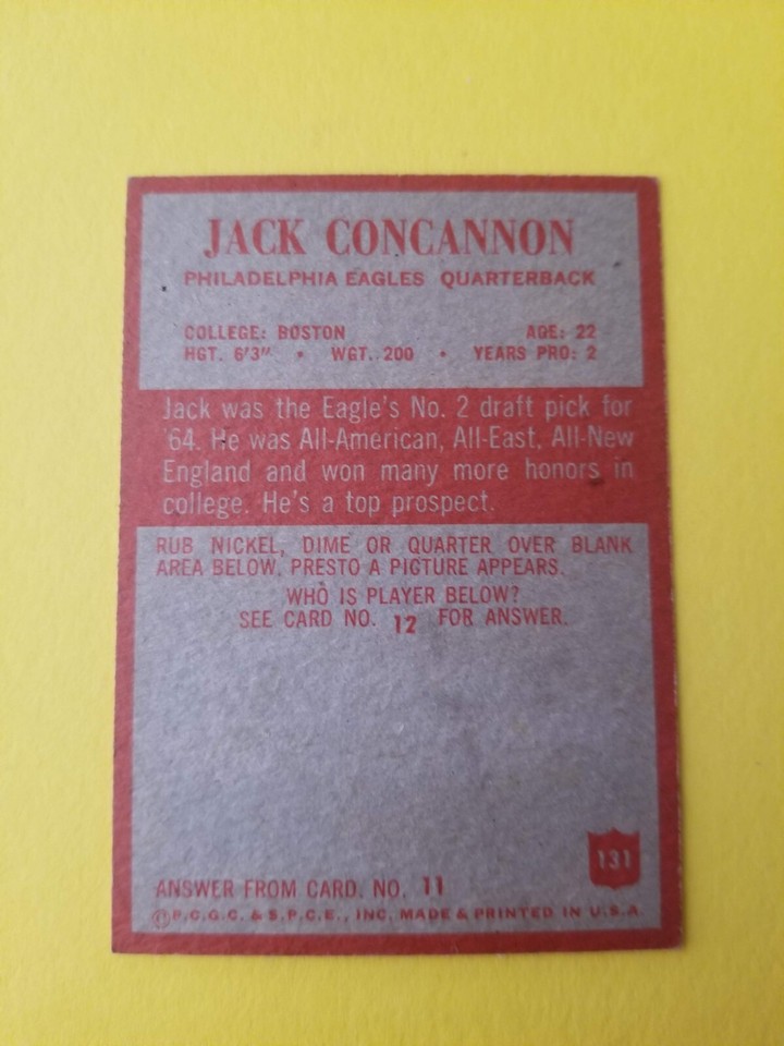 1965 Philadelphia #131 Jack Concannon Eagles NRMNT | eBay