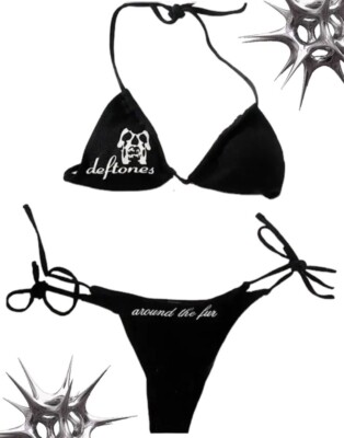 DEFTONES BIKINI BLACK SKULL LOGO STRING TIE UP ALT CURSIVE WRITING Y2K ...