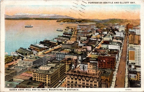 Postcard WA Seattle Aerial View Elliot Bay Queen Anne Hill Ships 1927 ...