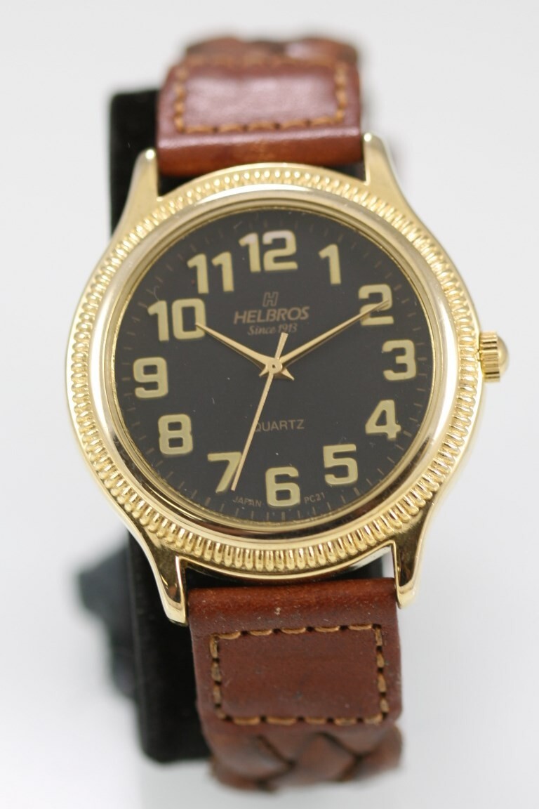 Helbros Watch Men Stainless Steel Gold Leather Brown WR Battery Black ...