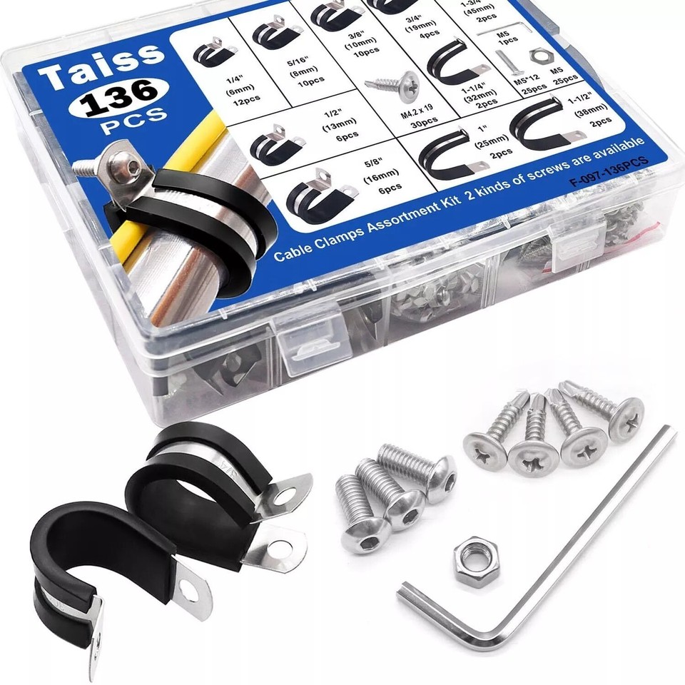 136PCS Cable Clamps Assortment Kit,10 Sizes 304 Stainless Steel Rubber ...
