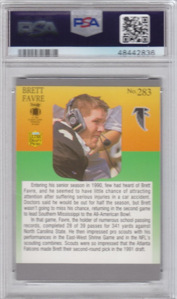 1991 Ultra Football Falcons Brett Favre Rookie RC Card #283 PSA 9 MINT ...