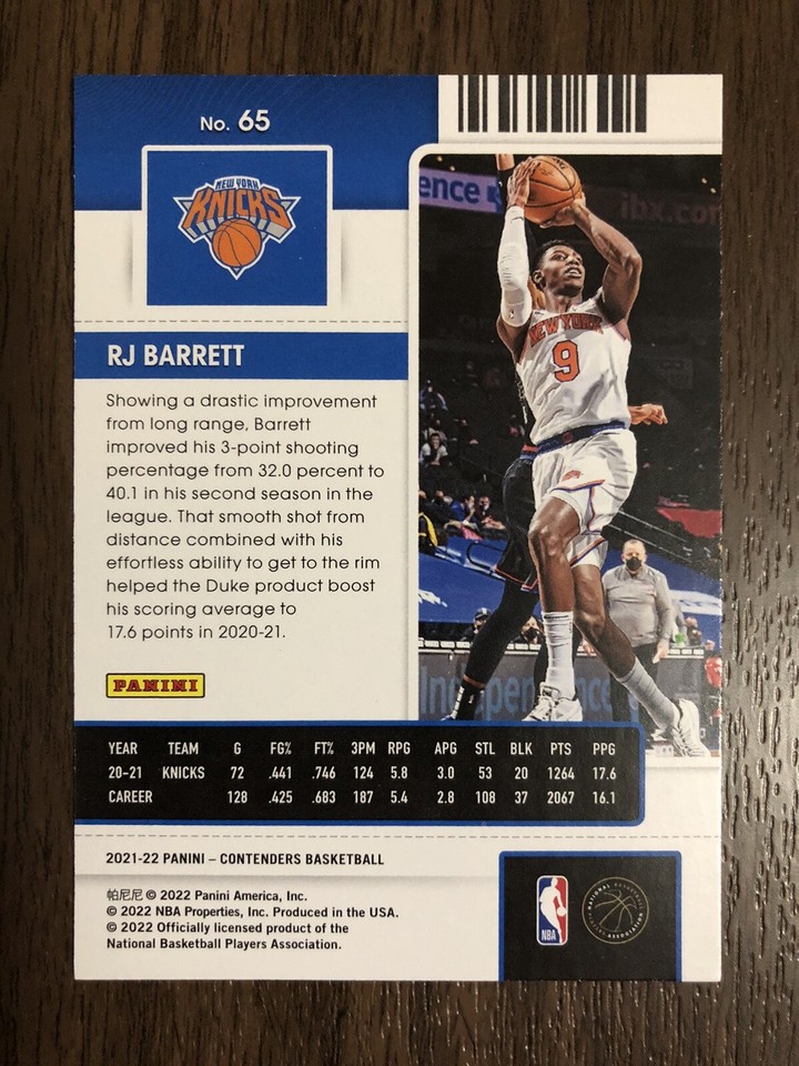 2021-22 Panini Contenders RJ Barrett Card #65 New York Knicks ...