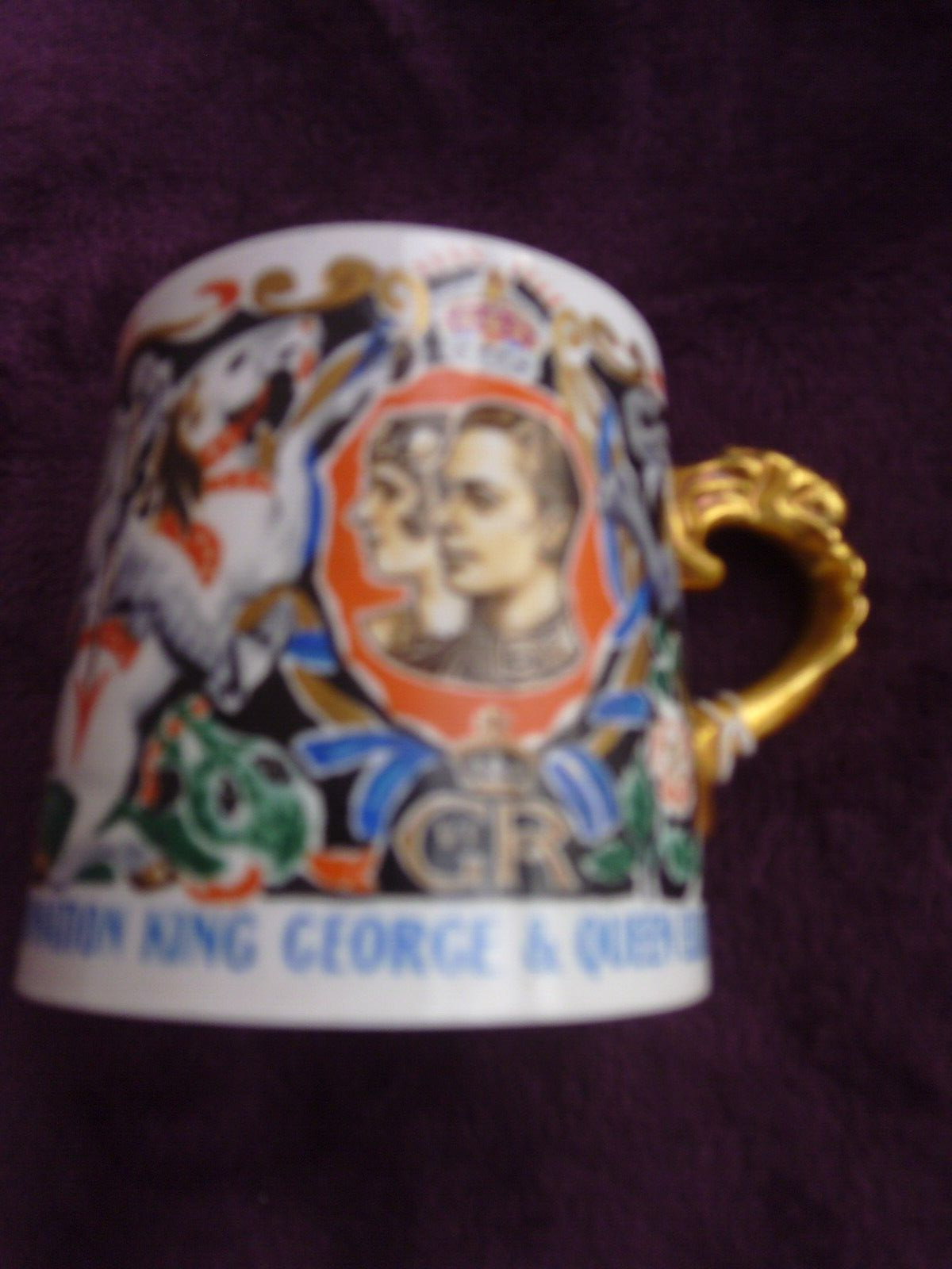 CORONATION MUGS pair of GV1R & QE, gilt handle designed by Dame Laura ...