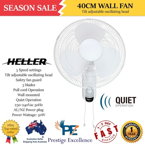 Wall Mounted 40cm Oscillating Fan Air Cooling Pull Cord Control White ...