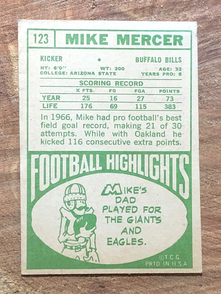 1968 Topps Football Mike Mercer #123 EX Buffalo Bills | eBay
