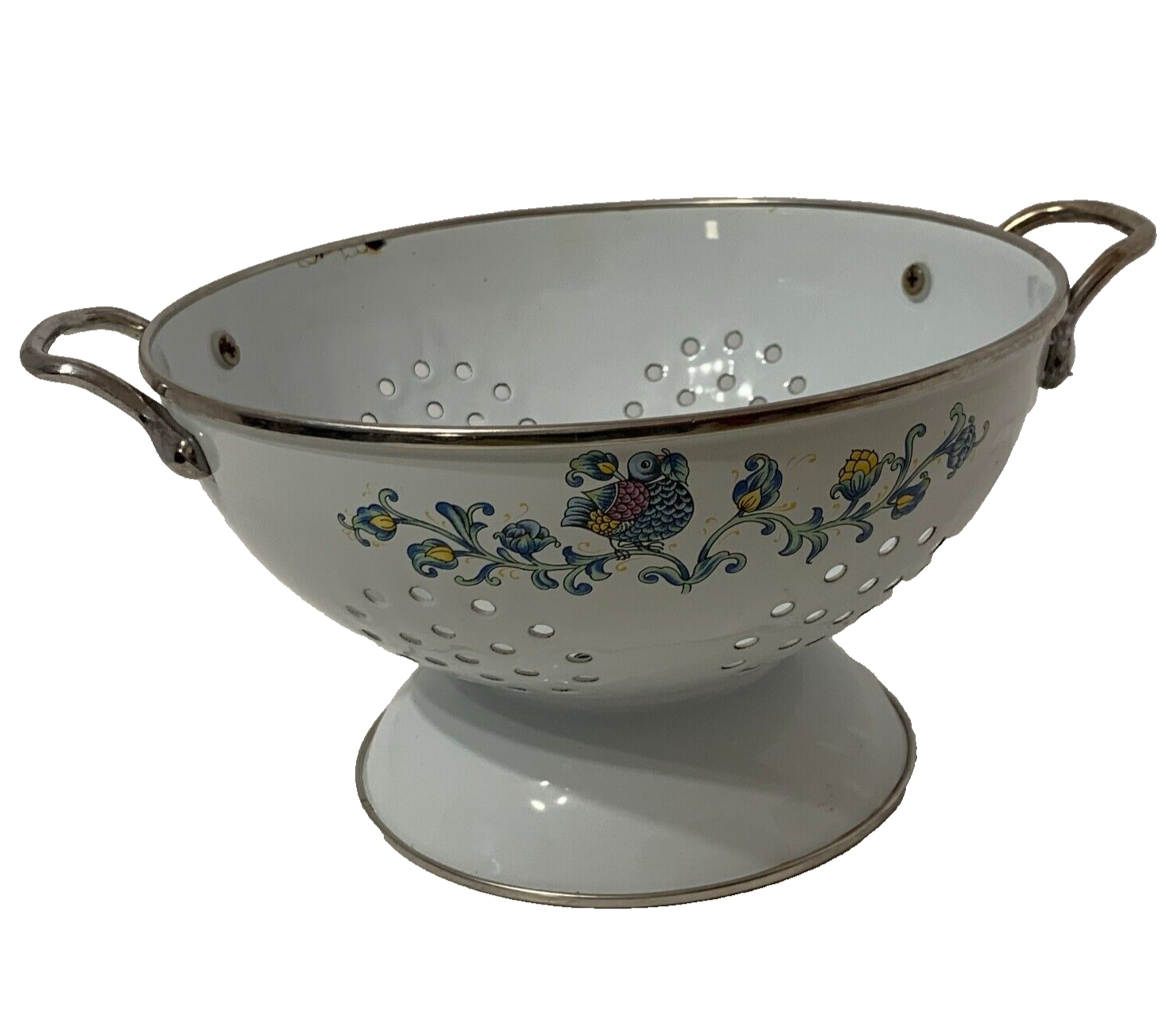 Vintage Kobe Kitchen Enamel Colander White Pedestal Blue Floral Bird ...