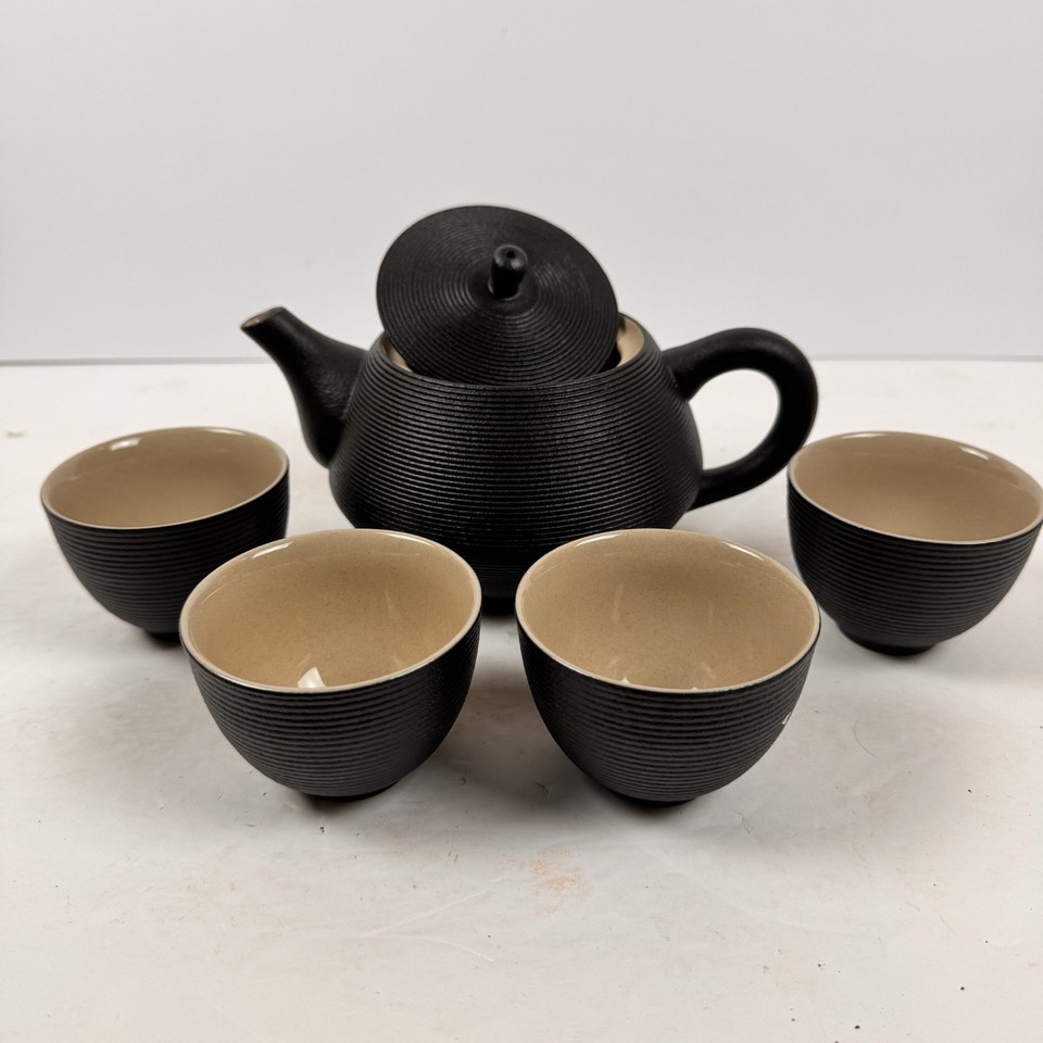 Teavana Gobi Black Ribbed Ceramic Teapot with 4 Cups Japanese Style Tea ...