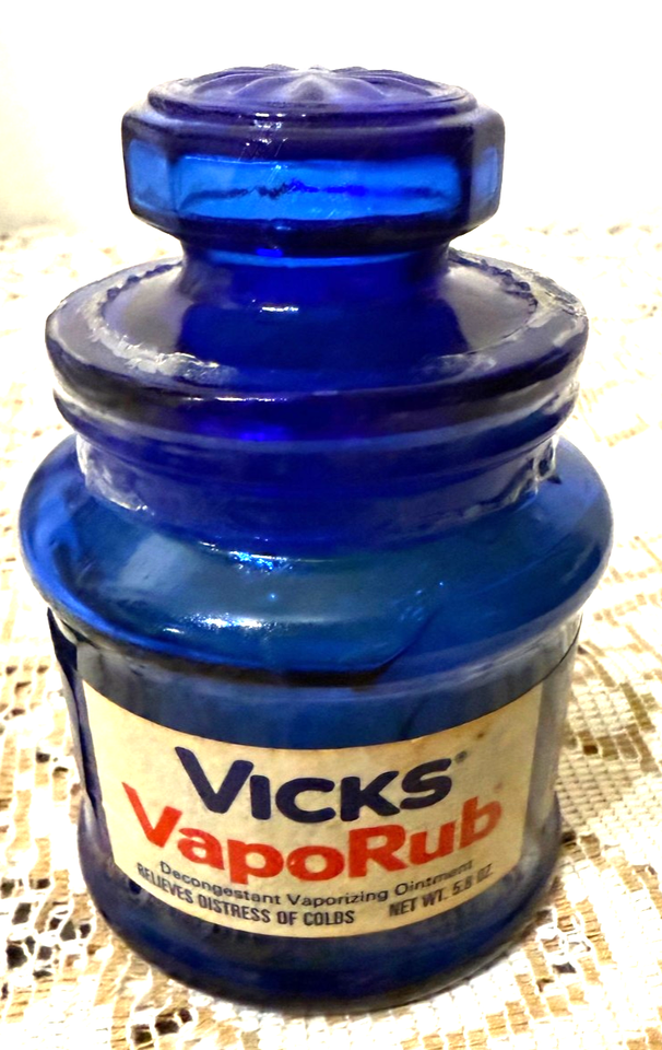 NEW VTG GLASS VICKS VAPOR RUB CONTAINER COBALT BLUE 5.8 OZ. w LABEL ...