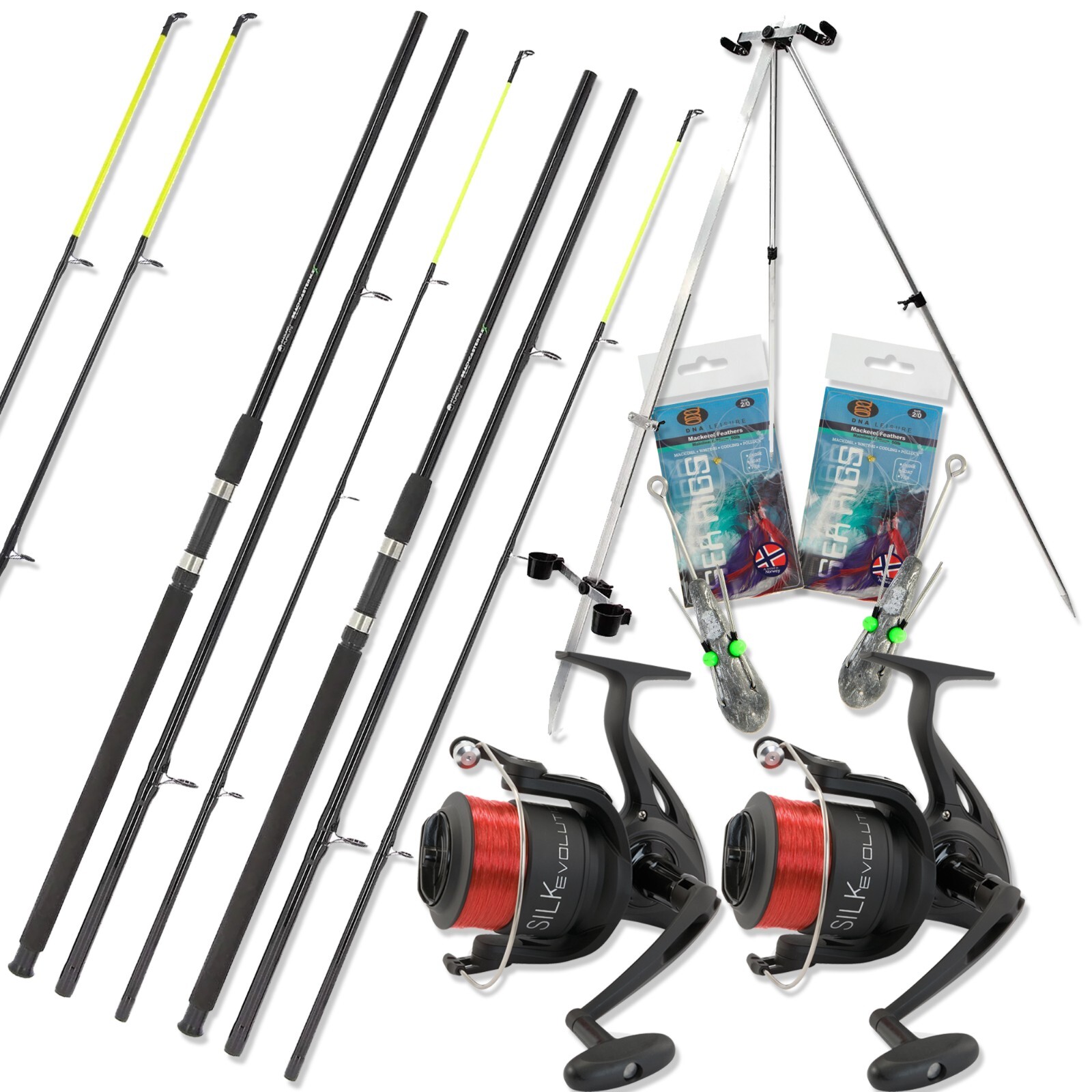 Sea Fishing Set up 2x 12ft Beachcaster Rods & Reels Extendable Tripod ...