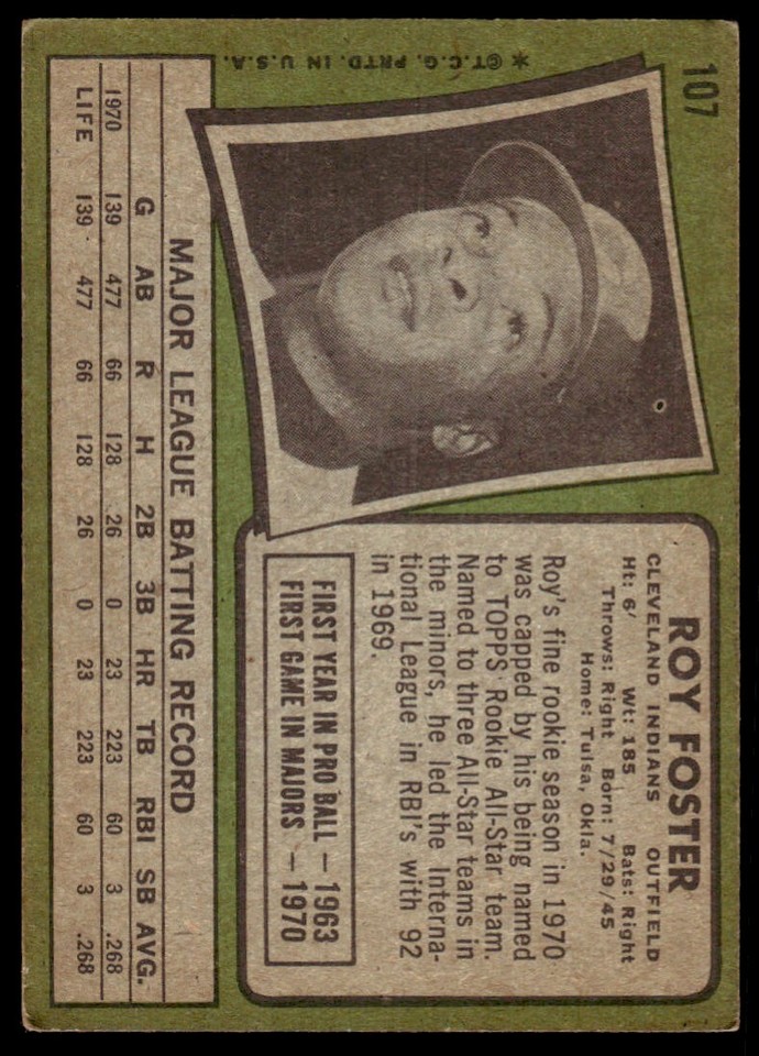 1971 Topps Baseball Card Roy Foster Cleveland Indians #107 | eBay