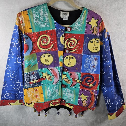 VTG Retro 90's Colorblock Jacket Sun Moon Stars Hand Painted Womens L ...