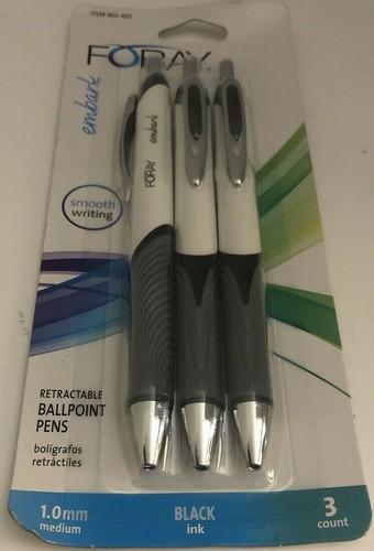 NEW FORAY Ballpoint Pens, 1.0 mm, Gray/White Barrel/Black Ink 3Pk SHIPS ...