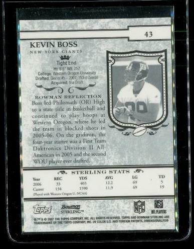 2007 TOPPS BOWMAN STERLING Chrome Rookie Football Card #43 KEVIN BOSS ...