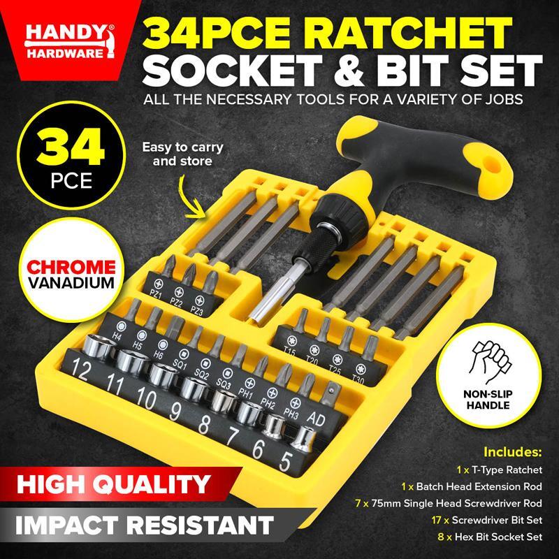 34PCE Ratchet Socket & Bit Set Easy Carry & Store Case AU Handy ...