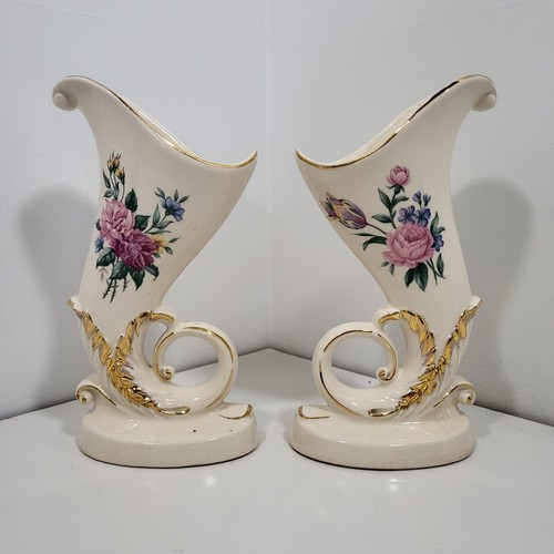 VTG 2 Spaulding China Cornucopia Floral Vase Gold Cermaic Set ...