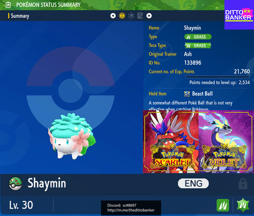 Pokemon Scarlet/Violet SHINY SHAYMIN Lv30 TEAL MASK NEW 6IV Modest FAST ...