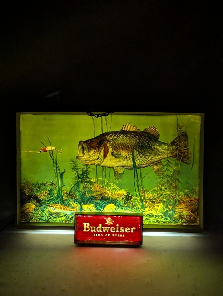 Vtg 1950's BUDWEISER LIGHT - UP ADVERTISING SIGN LARGEMOUTH BASS Works ...