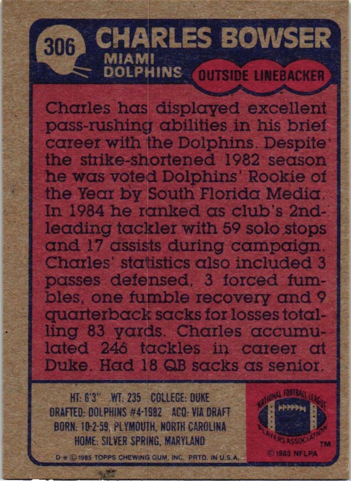 1985 Topps 306 Charles Bowser Miami Dolphins RC | eBay