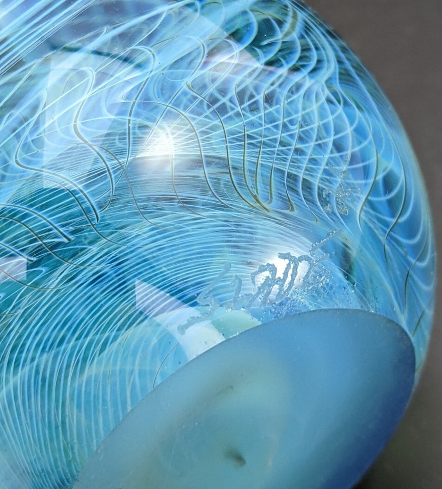 Vintage Signed Bill Slade Art Glass Paperweight Aqua Blue Strand Swirl ...