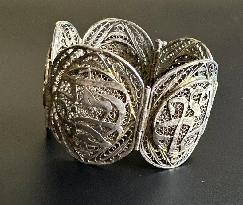 Antique Asian Gold Over Silver Filigree Writing Bangle Bracelet Signed ...
