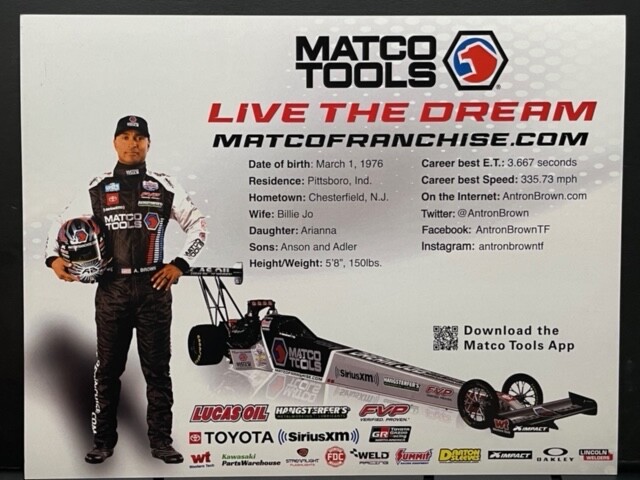 VRHTF NHRA "SIGNED BY "ANTRON BROWN" MATCO TOP FUEL DRAGSTER" HAND OUT ...