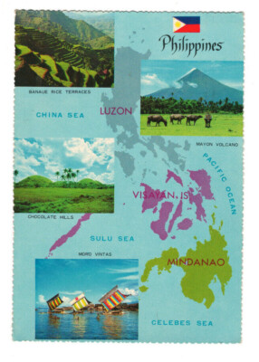 Philippines Vintage Postcard Map Landmarks Chocolate Hills Mayon ...