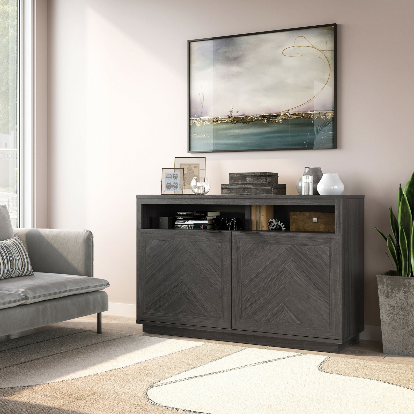 55 Inch TV Stand TV Console Table Gray Entertainment Center Media ...