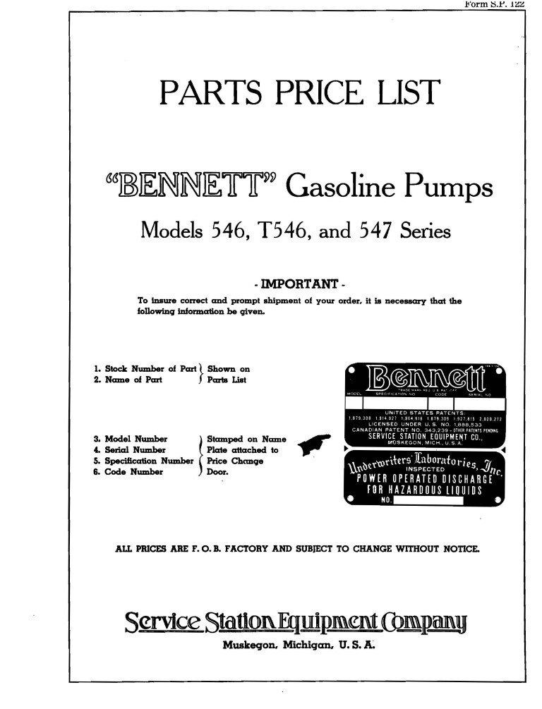 Bennett Model 546 T546 547 Series Gasoline Pump illustrated Factory ...