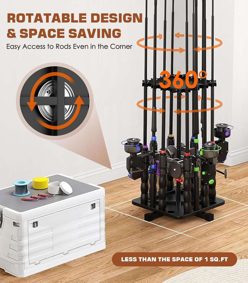 360° Rotating Fishing Rod Holder - Metal Rack for 16 Rods & Gear ...