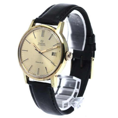 OMEGA GENEVE 1660098 35mm SS/GP Automatic Gold Dial Date Leather Strap ...
