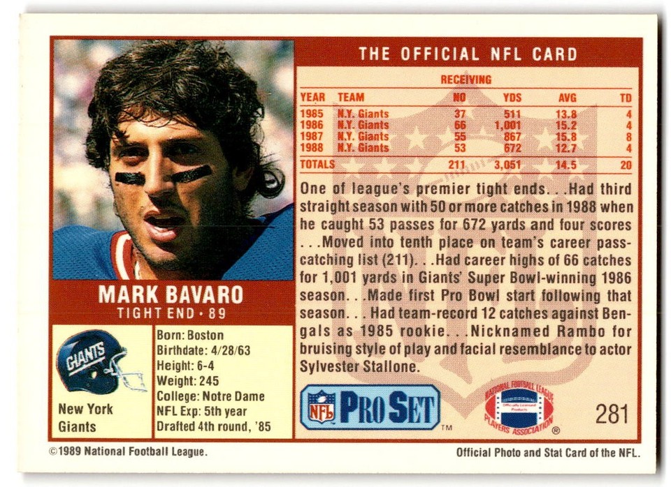 1989 Pro Set #281 Mark Bavaro New York Giants | eBay