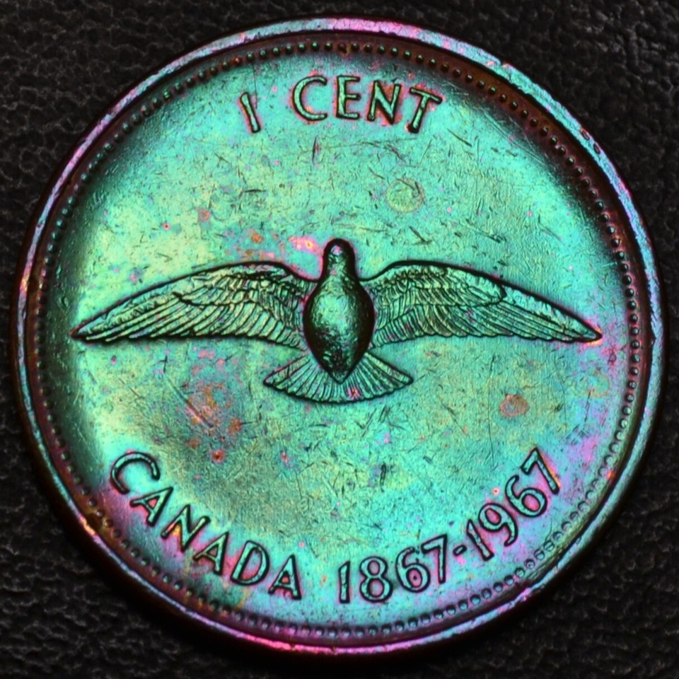1967 Canada one 1 cent penny rainbow toning high luster (L32-59) | eBay
