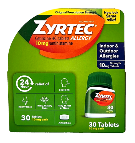 ZYRTEC 30 TABLETS BOX *ORIGINAL STRENGTH* 24HR INDOOR/OUTDOOR ALLERGIES ...