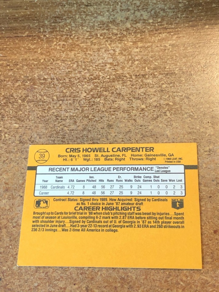 1989 Donruss Baseball # 39 Rated Rookie Cris Carpenter RC | eBay