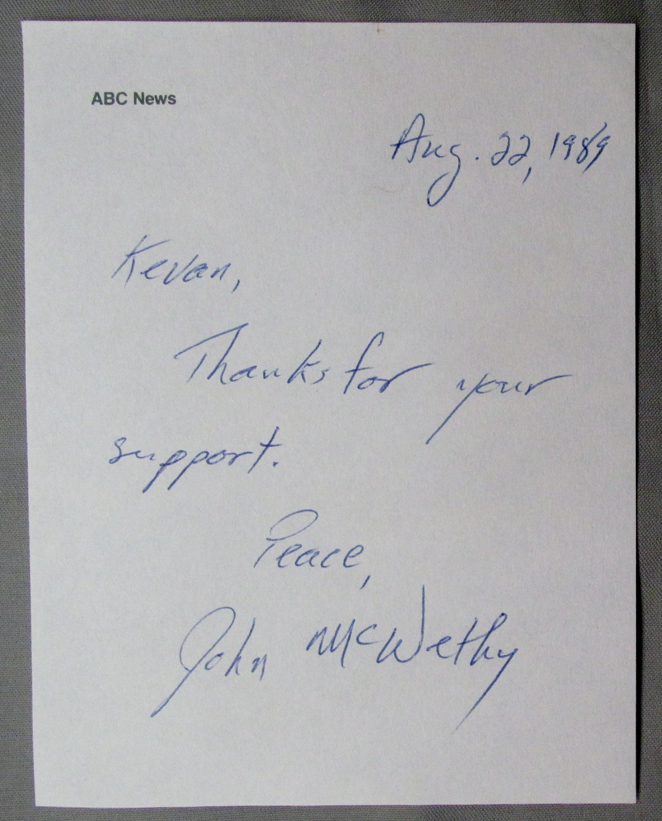 John McWethy {1947-2008} Signed Note ABC TV Journalist Correspondent ...