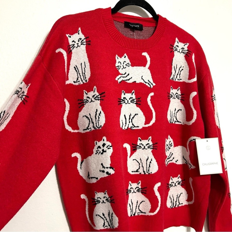 Anthropologie Red Sweater Cat Kitty Novelty Cozy Christmas Holiday ...