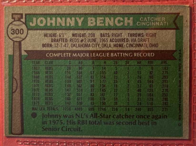 1976 Topps #300 Johnny Bench Reds Hall of Famer middle grade | eBay